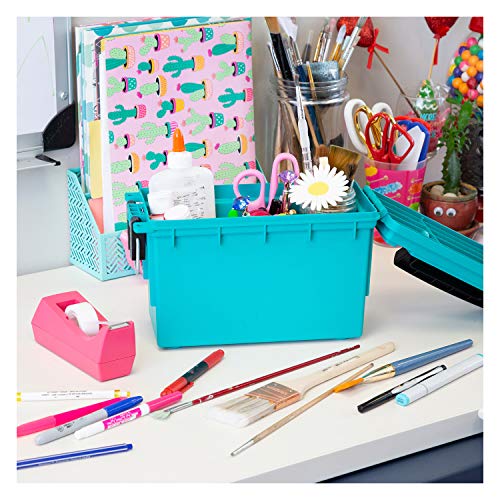 Logix 12533 Stackable Craft Storage Box with Handle, Locking Art Supply Box, Plastic Storage Containers with Lids, Craft Organizer Box, Teal