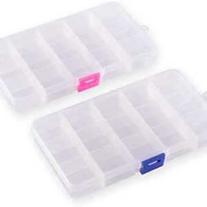 YukaBa 2 Pack 15 Grids Plastic Small Crafts Storage Boxes with Adjustable Dividers (6.7" × 3.9" x 1")