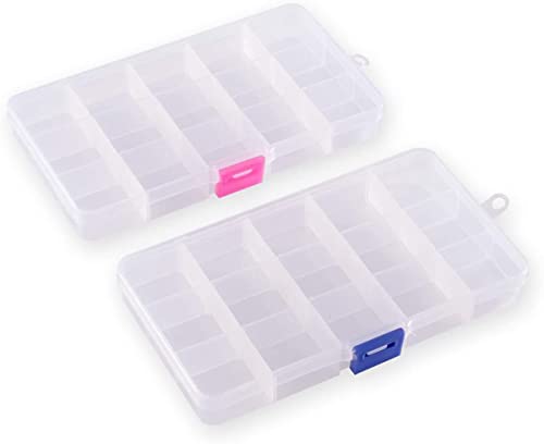 YukaBa 2 Pack 15 Grids Plastic Small Crafts Storage Boxes with Adjustable Dividers (6.7" × 3.9" x 1")