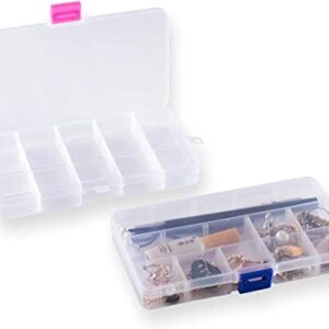 YukaBa 2 Pack 15 Grids Plastic Small Crafts Storage Boxes with Adjustable Dividers (6.7" × 3.9" x 1")