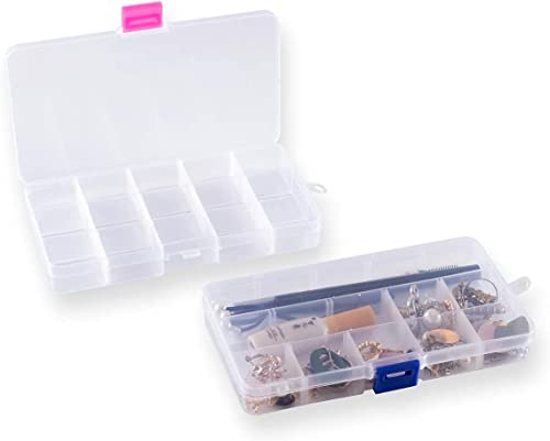 YukaBa 2 Pack 15 Grids Plastic Small Crafts Storage Boxes with Adjustable Dividers (6.7" × 3.9" x 1")