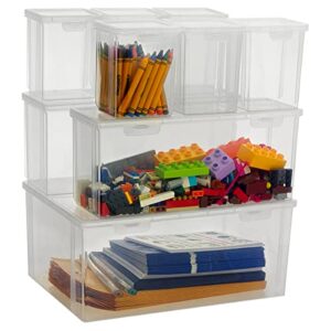 ezoware 9 pieces clear plastic flip top latching storage box container, stackable hinged organization bins with latch lid for craft room, small hobby – 3 sizes