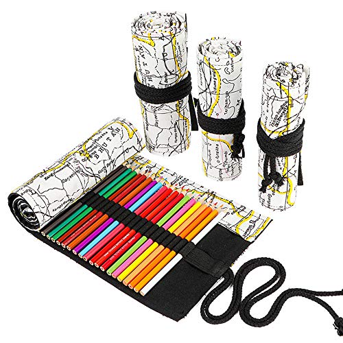 Funny live 24/36/48/72 Slots Colored Pencil Wrap Roll up Pen Holder Case Drawing Coloring Pencil Roll Organizer Stationery Case for Student Artist Traveler (Map, 72 Slots)