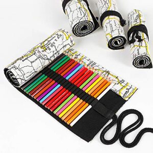 Funny live 24/36/48/72 Slots Colored Pencil Wrap Roll up Pen Holder Case Drawing Coloring Pencil Roll Organizer Stationery Case for Student Artist Traveler (Map, 72 Slots)