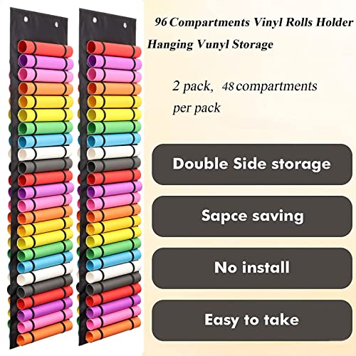 Loloka 2 Packs Vinyl Storage Organizer with 48 Compartment, Vinyl Roll Holder, Vinyl Storage Rack with 2 Hooks, Hanging Organizer Storage with 96 Roll Compartments (Black,96)