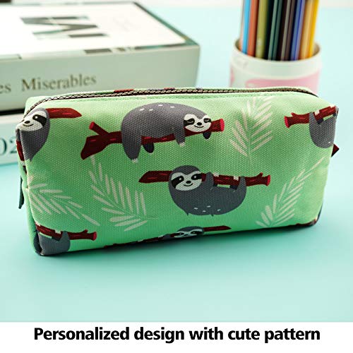 LParkin Sloth Students Super Large Capacity Canvas Pencil Case Pen Bag Pouch Stationary Case Makeup Cosmetic Bag (Green)