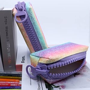 AOKQYA Big Zipper Pencil Case Rainbow Purple Pencil Pouch Cute Colored Stationery Bag DIY Name for Kids Pencils Markers School Supply Holder