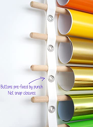 Vinyl Roll Holder, 25 Rolls, ZENXUS Craft Roll Storage and Organizer, Cotton Straps and Wood Dowels, with Door Hanging Hooks