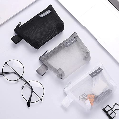 Beamach 3Pcs Hechooses 2023 New Portable Mesh Storage Bag, Hechooses Pencil Case Nylon Small Zipper Pouch Pouch Mesh Coin Purse Mini Mesh Zipper Cosmetic Bag Multi-Purpose Small Storage Bag (Grey)