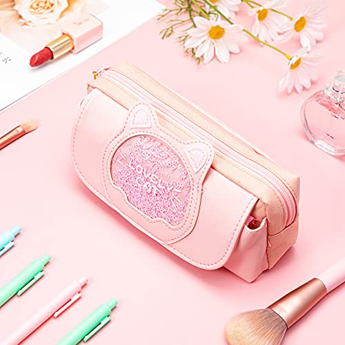 2 Pieces Big Capacity Pencil Case Cute Cat Large Capacity Pencil Pouch Portable Pencil Pouch Stationery Storage Organizer Pencil Box Pen Holder Bag for School Student Present, Pink and Purple