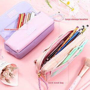 2 Pieces Big Capacity Pencil Case Cute Cat Large Capacity Pencil Pouch Portable Pencil Pouch Stationery Storage Organizer Pencil Box Pen Holder Bag for School Student Present, Pink and Purple