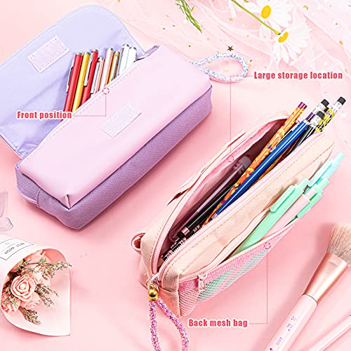 2 Pieces Big Capacity Pencil Case Cute Cat Large Capacity Pencil Pouch Portable Pencil Pouch Stationery Storage Organizer Pencil Box Pen Holder Bag for School Student Present, Pink and Purple