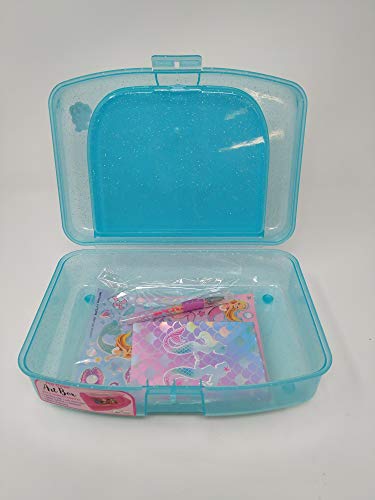 Hot Focus Art Box W/Compartments with Pad Locks and Keys – Mermaid Twins Girls School Pencil Case Box Includes Neon Gel Pen, Notepad and Stickers, Aqua, Blue, Silver, red, Purple, Pink (426 MM)