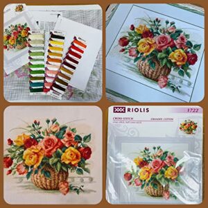 RIOLIS - Basket With Roses - Counted Cross Stitch Kit - 13¾" x 11¾" Zweigart 14ct. White AIDA 29 Colors