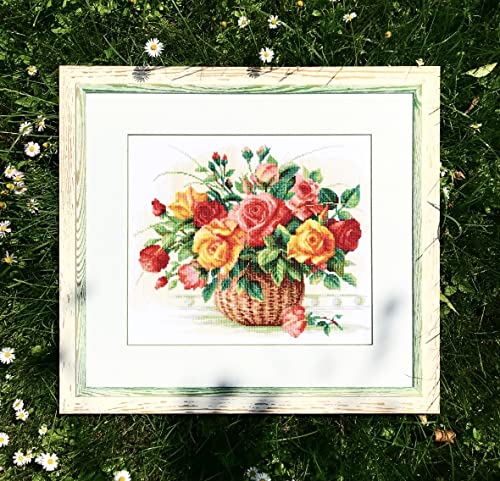 RIOLIS - Basket With Roses - Counted Cross Stitch Kit - 13¾" x 11¾" Zweigart 14ct. White AIDA 29 Colors