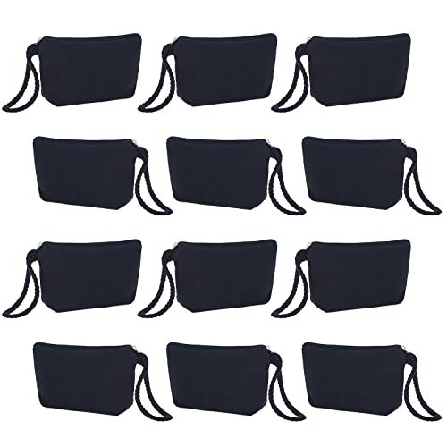 Muka 12 Pack Cotton Canvas Bag with Handle Strap, 7-1/2 x 4-1/4 x 2 Inches Heavy Duty Black Cosmetic Pouch