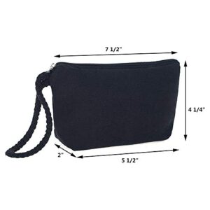 Muka 12 Pack Cotton Canvas Bag with Handle Strap, 7-1/2 x 4-1/4 x 2 Inches Heavy Duty Black Cosmetic Pouch