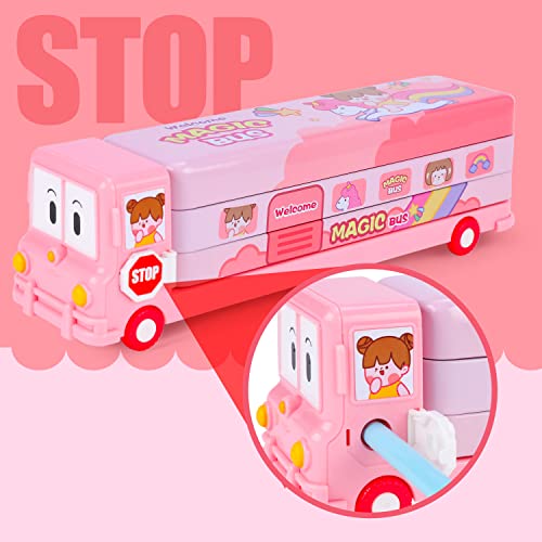 Cute Bus Toy with Built-in Pencil Holder Kids Pink Bus Cute Girls Pencil Case Bus Toy Pencil case Bus with builtin Sharpener