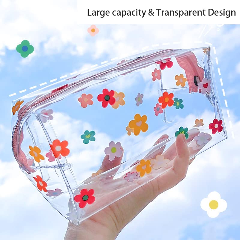 Juszok Clear Pencil Case Cute Pencil Pouch Kawaii Pen Case Organizer PVC Flower Large Capacity Portable Makeup Bag for Teen Girls Students Adults Kids Back to School Supplies