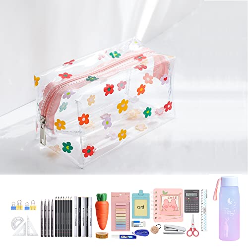 Juszok Clear Pencil Case Cute Pencil Pouch Kawaii Pen Case Organizer PVC Flower Large Capacity Portable Makeup Bag for Teen Girls Students Adults Kids Back to School Supplies