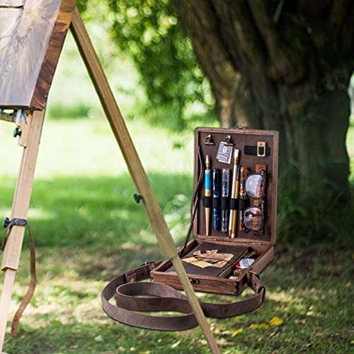 shangjia Writers Messenger Wood Box, Wooden Multifunctional Artist Tool and Brush Storage Box, Multifunctional Wooden Handmade Crossbody Postman Bag, for Outdoor Painting