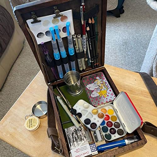 shangjia Writers Messenger Wood Box, Wooden Multifunctional Artist Tool and Brush Storage Box, Multifunctional Wooden Handmade Crossbody Postman Bag, for Outdoor Painting