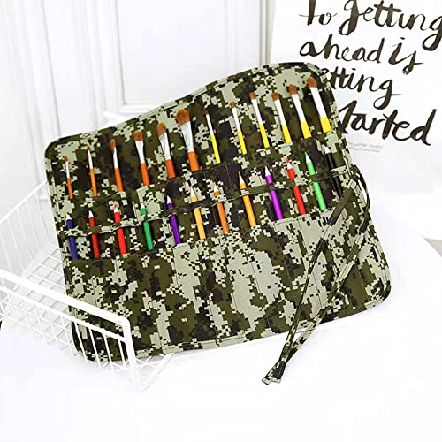 Amersis Deluxe Canvas Art Paint Brush Holder & Storage Organizer Roll-Up Case Bag - 24 Slot Pockets Carry Pouch - Protect Artist Acrylic Oil Watercolor Paintbrushes - Store Pencils, Pens Tools