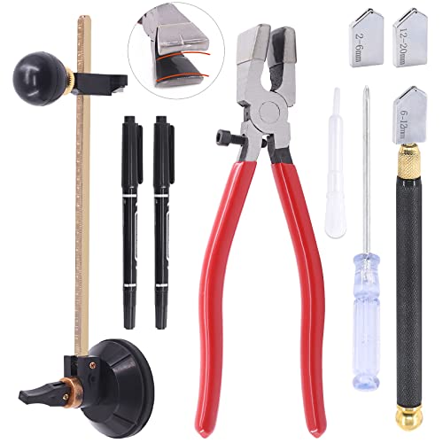 Swpeet 11Pcs Glass Cutter Tool Kit, Curve Jaw Glass Running Pliers with Rubber Tips, Pencil Oil Feed Carbide Tip Glass Cutter, Circular Glass Cutter, 2Pcs Blades with Oil Dropper and Screwdrive