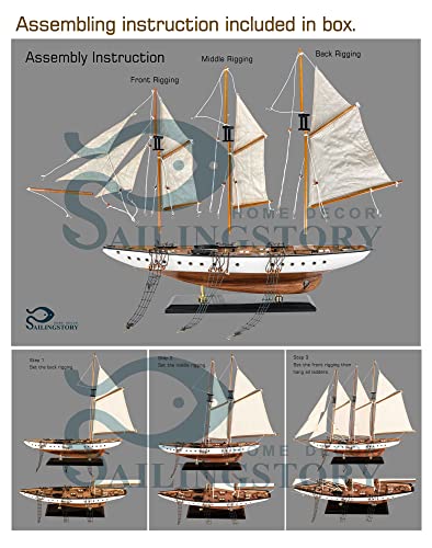 SAILINGSTORY Wooden Sailboat Model Ship Sailboat Decor 30" Schooner Atlantic 1:50 Scale Replica Navy and Walnut Antique Finish