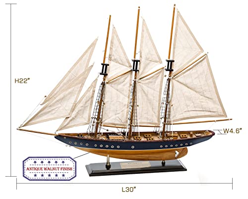 SAILINGSTORY Wooden Sailboat Model Ship Sailboat Decor 30" Schooner Atlantic 1:50 Scale Replica Navy and Walnut Antique Finish