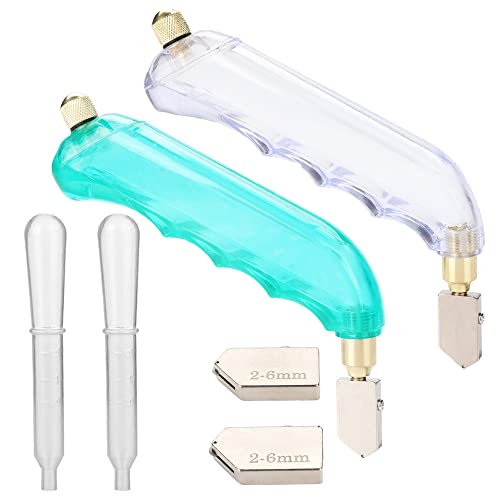 6PCS Pistol Oil Glass Cutter Oil Feed Glass Cutter with Extra 2-6mm Replaceable Head and Oil Reservoir Stained Glass Cutting Tools for Mirrors Window Glass Panes Ceramic Tile, Blue and White