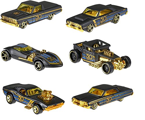 New 1:64 Hot Wheels 50th Anniversary Black & Gold Collection - Bone Shaker, Twin Mill, Rodger Dodger, Dodge Dart, Impala & Ford Ranchero Set of 6pcs Diecast Model Car By HotWheels