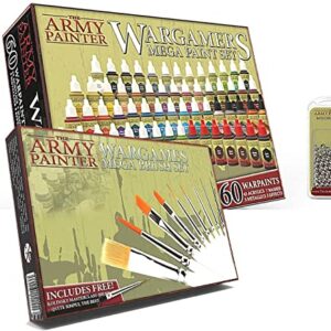 The Army Painter Mega Paint Set (60 Paints Plus 100 Rust-Proof Mixing Balls) - Mega Brush Set Bundle - Miniature Painting Kit of 60 Acrylic Paints and 10 Wargamer Miniature Paint Brushes