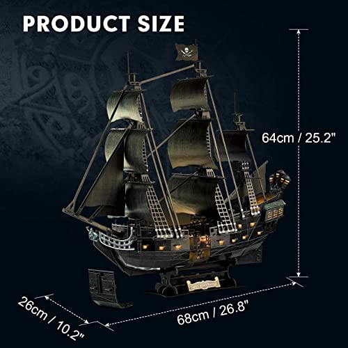 3D Puzzle for Adults Moveable LED Pirate Ship with Detailed Interior Decoration, Large Queen Anne's Revenge Desk Puzzles, Difficult 3D Puzzles with Lights Gifts for Men Women