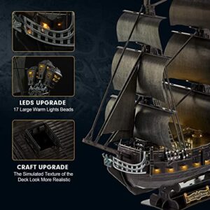 3D Puzzle for Adults Moveable LED Pirate Ship with Detailed Interior Decoration, Large Queen Anne's Revenge Desk Puzzles, Difficult 3D Puzzles with Lights Gifts for Men Women