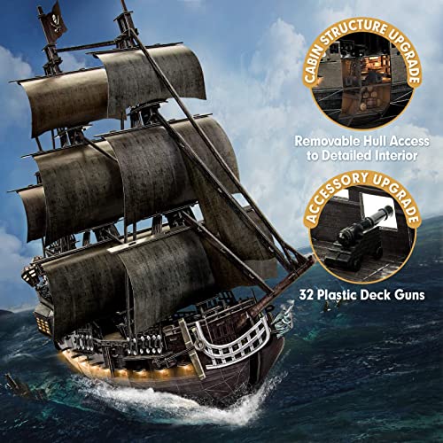 3D Puzzle for Adults Moveable LED Pirate Ship with Detailed Interior Decoration, Large Queen Anne's Revenge Desk Puzzles, Difficult 3D Puzzles with Lights Gifts for Men Women