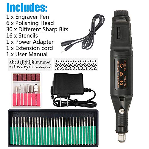 AxPower Electric Micro Engraver Pen Mini DIY Vibro Engraving Tool Kit for Glass Ceramic Plastic Wood Jewelry with Scriber Etcher 30 Bits and 6 Polishing Head and 16 Stencils