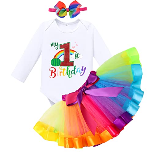 Baby Girl Toddler Infant Watermelon Cake Smash Outfits 3PCS Long Sleeve Romper Rainbow Skirt Set with Bowknot Hanband 1st Birthday Outfits Party Dress Up Watermelon-Long 1st 1Y