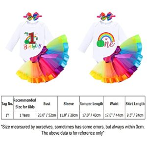 Baby Girl Toddler Infant Watermelon Cake Smash Outfits 3PCS Long Sleeve Romper Rainbow Skirt Set with Bowknot Hanband 1st Birthday Outfits Party Dress Up Watermelon-Long 1st 1Y