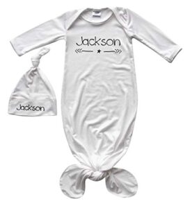 silky knotted baby gown with personalized matching silky knotted hat, unisex, boys, & girls, infant sleeper-personalized with name-star and arrow (0-3 months, silky off white)