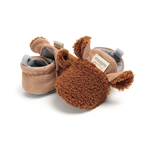 LOWLO Unisex Baby Crib Shoes Soft Sole Infant Fleece Boots Non-Slip Toddler Winter Warm Cozy Socks(0-6months Infant,Brown)