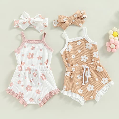 Newborn Infant Baby Girl Clothes Onesie Romper Shorts Set Floral Summer Outfits Cute Baby Clothes for Girls (Boho Khaki,12-18 Months)