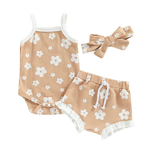 Newborn Infant Baby Girl Clothes Onesie Romper Shorts Set Floral Summer Outfits Cute Baby Clothes for Girls (Boho Khaki,12-18 Months)