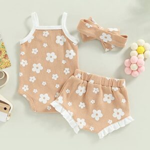 Newborn Infant Baby Girl Clothes Onesie Romper Shorts Set Floral Summer Outfits Cute Baby Clothes for Girls (Boho Khaki,12-18 Months)