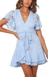 women’s flower lace tie front wrap mini dress- deep v neck floral ruffle sleeves hem short skater dresses for bridal shower baby blue