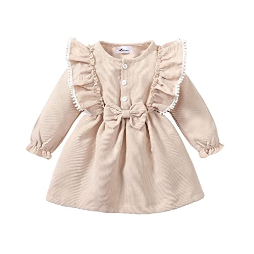 BOBORA Toddler Girl Fall Dress Kid Solid Corduroy Ruffle Long Sleeve Princess Dress Winter Outfit Little Girl Casual Clothes(Beige, 12-18M)