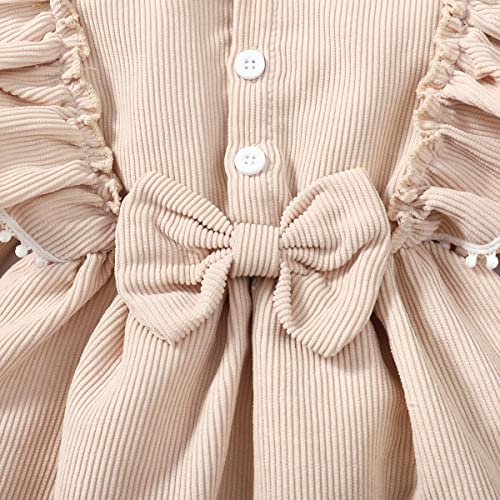 BOBORA Toddler Girl Fall Dress Kid Solid Corduroy Ruffle Long Sleeve Princess Dress Winter Outfit Little Girl Casual Clothes(Beige, 12-18M)