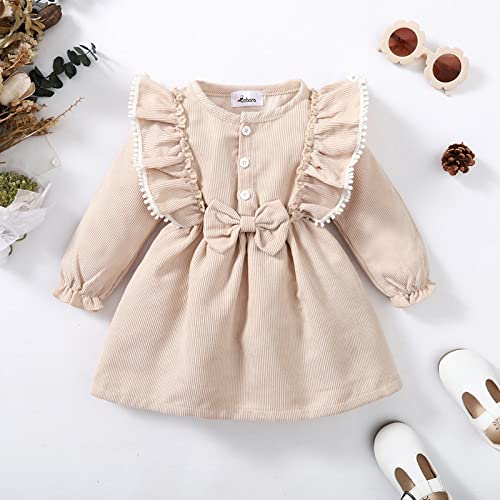 BOBORA Toddler Girl Fall Dress Kid Solid Corduroy Ruffle Long Sleeve Princess Dress Winter Outfit Little Girl Casual Clothes(Beige, 12-18M)