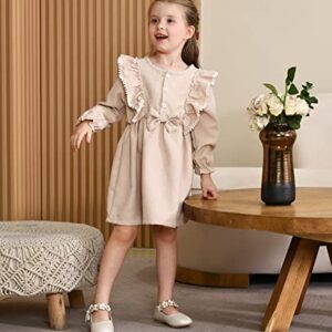 BOBORA Toddler Girl Fall Dress Kid Solid Corduroy Ruffle Long Sleeve Princess Dress Winter Outfit Little Girl Casual Clothes(Beige, 12-18M)