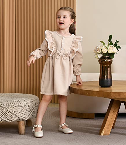 BOBORA Toddler Girl Fall Dress Kid Solid Corduroy Ruffle Long Sleeve Princess Dress Winter Outfit Little Girl Casual Clothes(Beige, 12-18M)